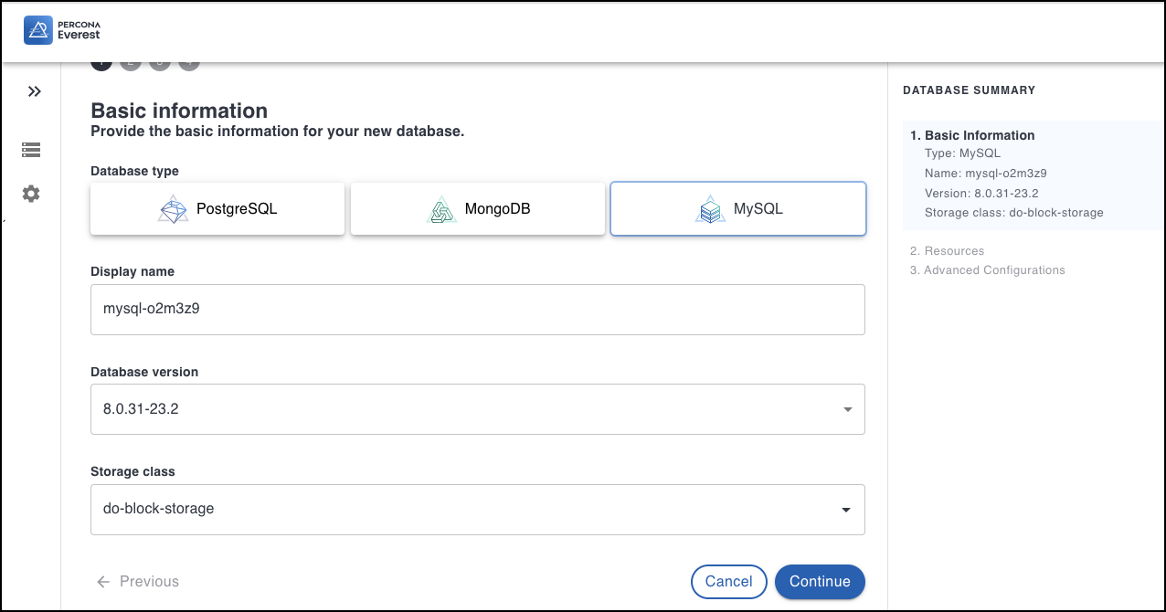 Provision a database - Percona Everest